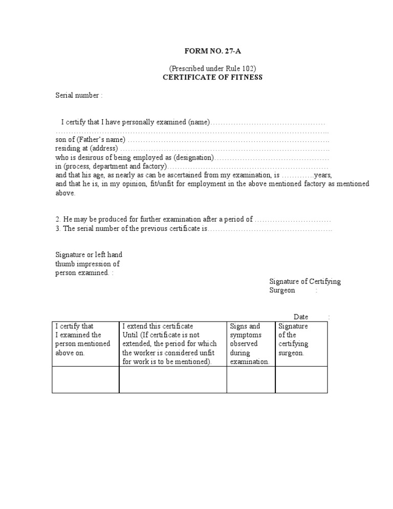 Form - 27A - Certificate of Fitness | PDF