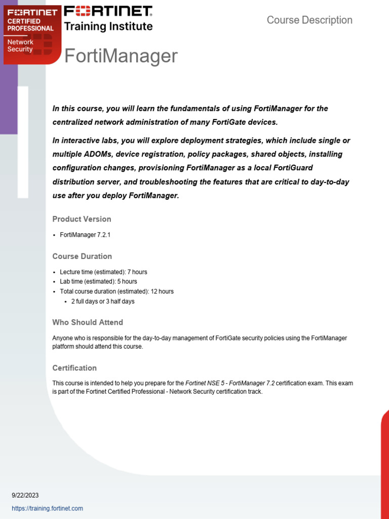 FortiManager_7.2_Course_Description v | PDF | Information Technology | Computing