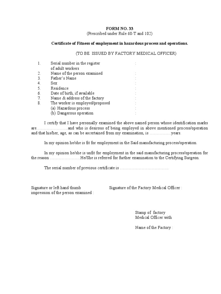 Form - 33 - Certificate of Fitness of Employment in Hazardous Process ...