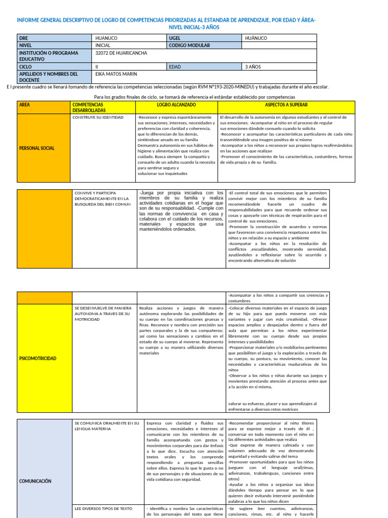 Informe General Descriptivo de Logro de Competencias Priorizadas Al Estandar de Aprendizaje ...