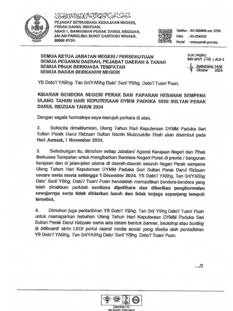 HEBAHAN KIBARAN BENDERA NEGERI PERAK SEMPENA ULNGTAHUN KEPUTERAAN DYMM PADUKA SERI SULTAN PERAK ...