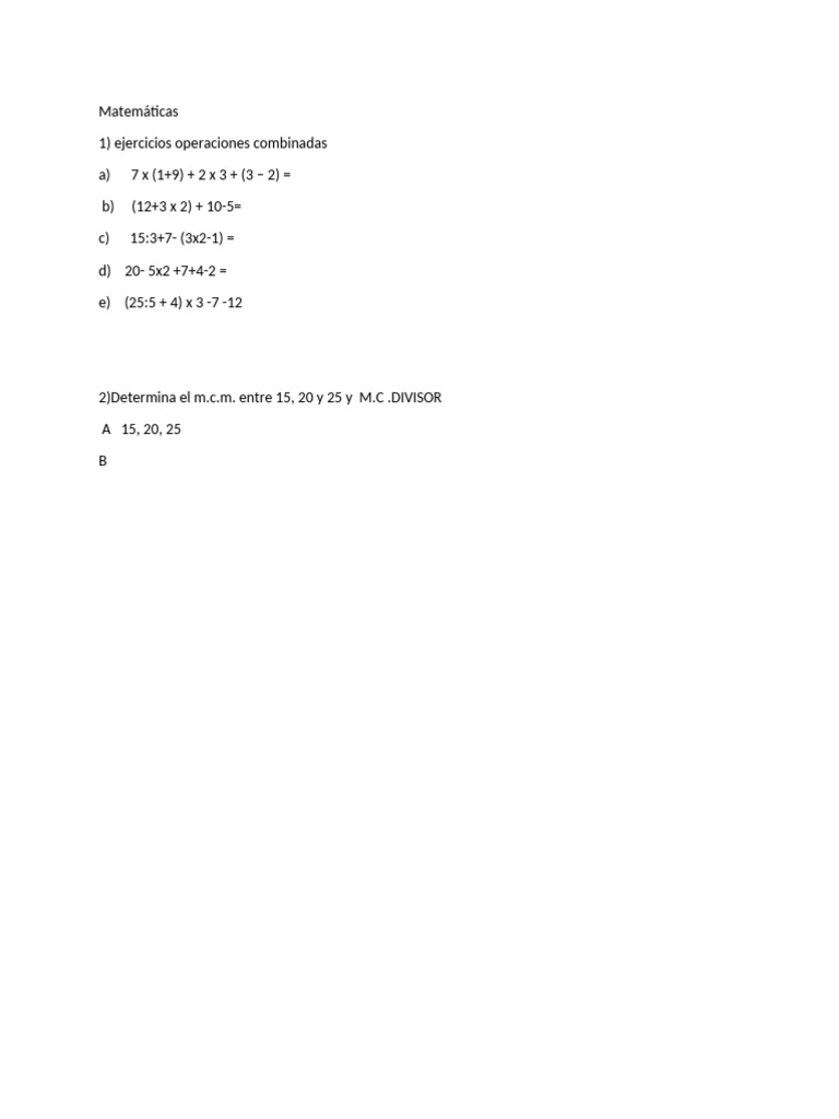 Matemáticas Ejercicios Operaciones Combinadas Sofia | PDF