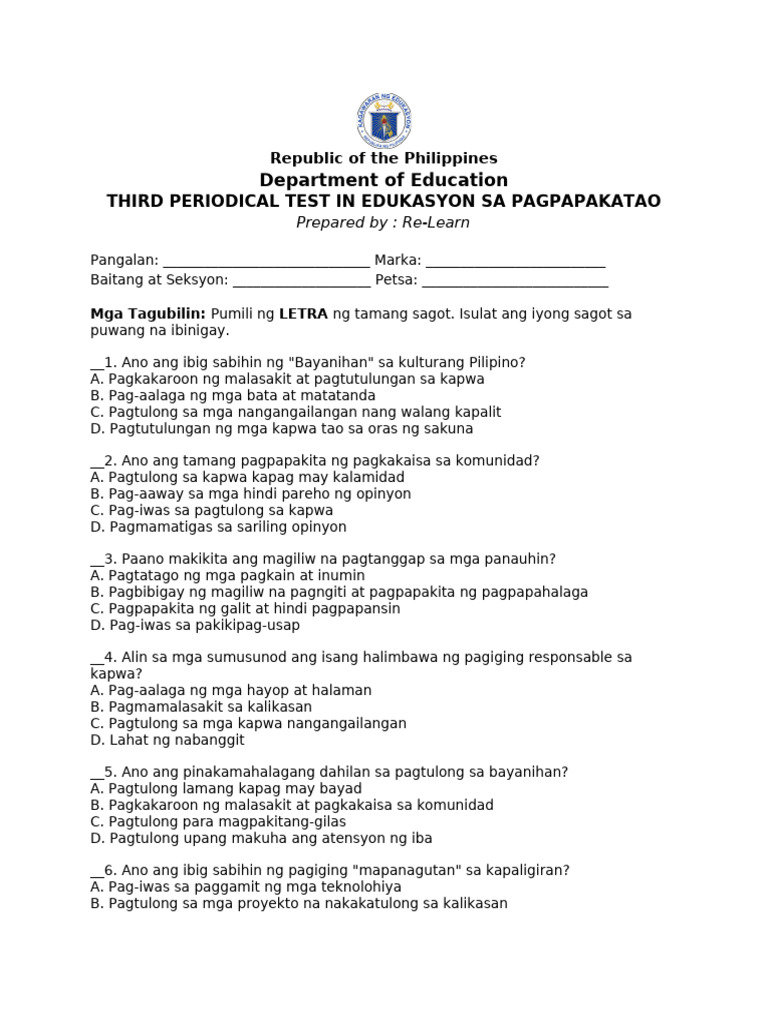Third Periodical Test in Edukasyon Sa Pagpapakatao (Re-Learn) | PDF