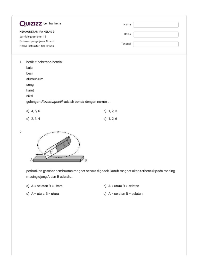 Kemagnetan 1 Ipa Kelas 9 - Quizizz | PDF
