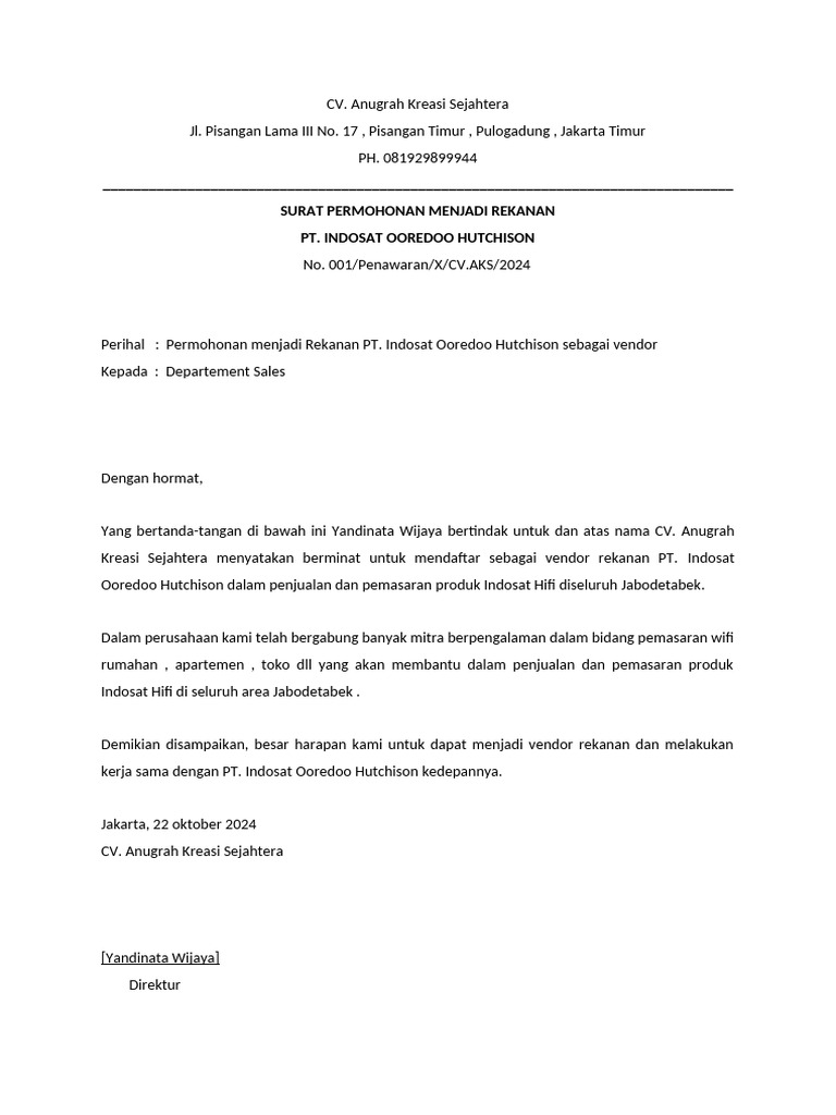 Surat Permohonan Menjadi Rekanan Indosat | PDF