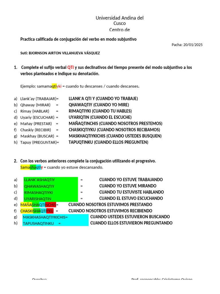 Practica de Conjugacion de Verbos en Modo Subjuntivo - Bjornson Airton ...