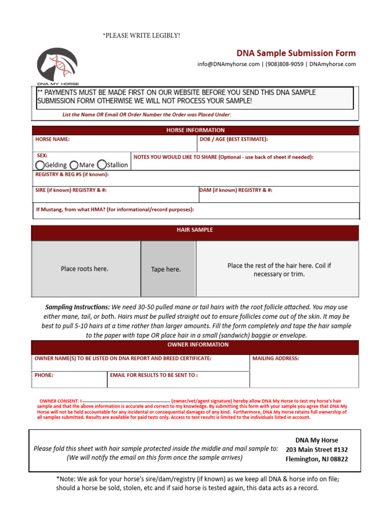 DNA Sample Submission Form for Horses | PDF | Horses | Equus (Genus)