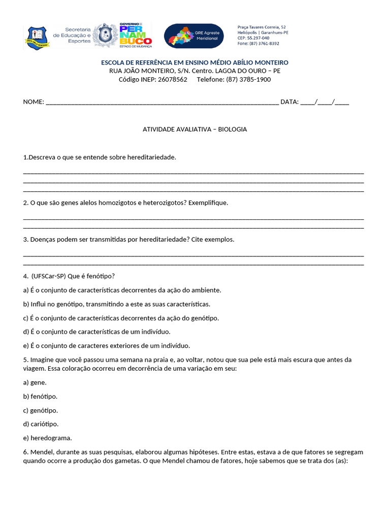 3 Ano Eja A Atividade Avaliativa Biologia | PDF | Genótipo | Gene