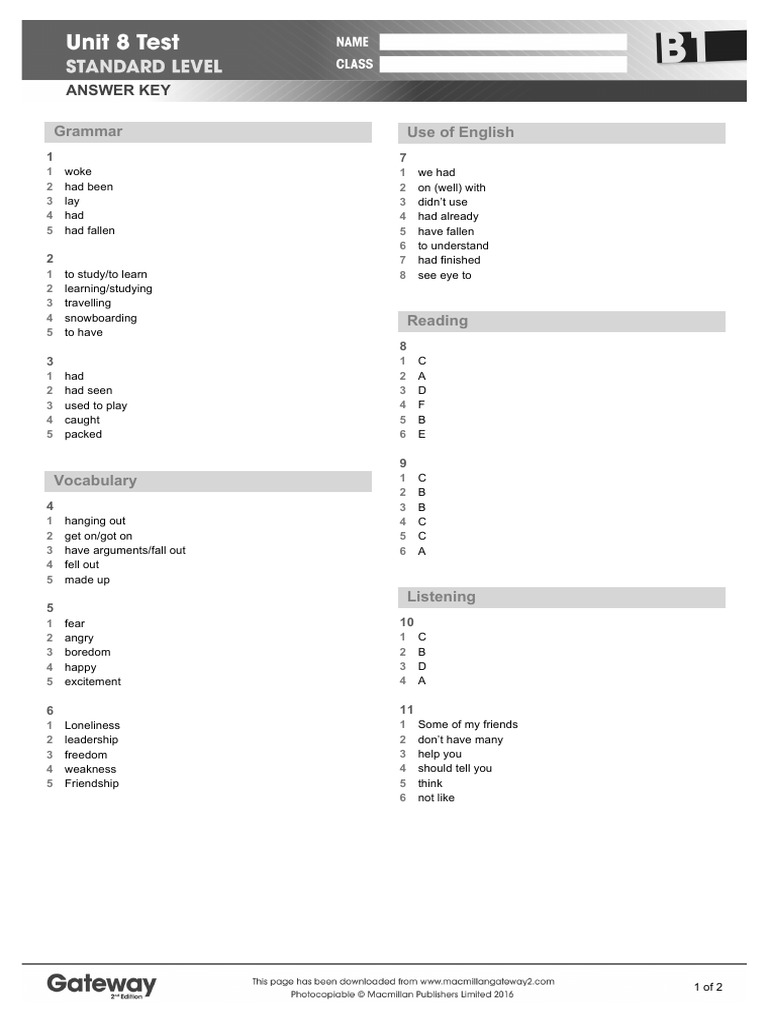 Unit 8 Test Answer Key B1 | PDF | Learning | Linguistics