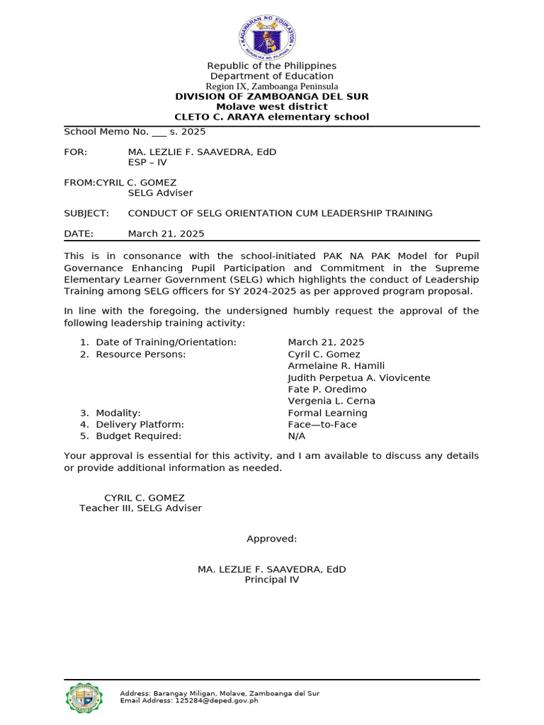 SELG Leadership Training Memo 2025 | PDF