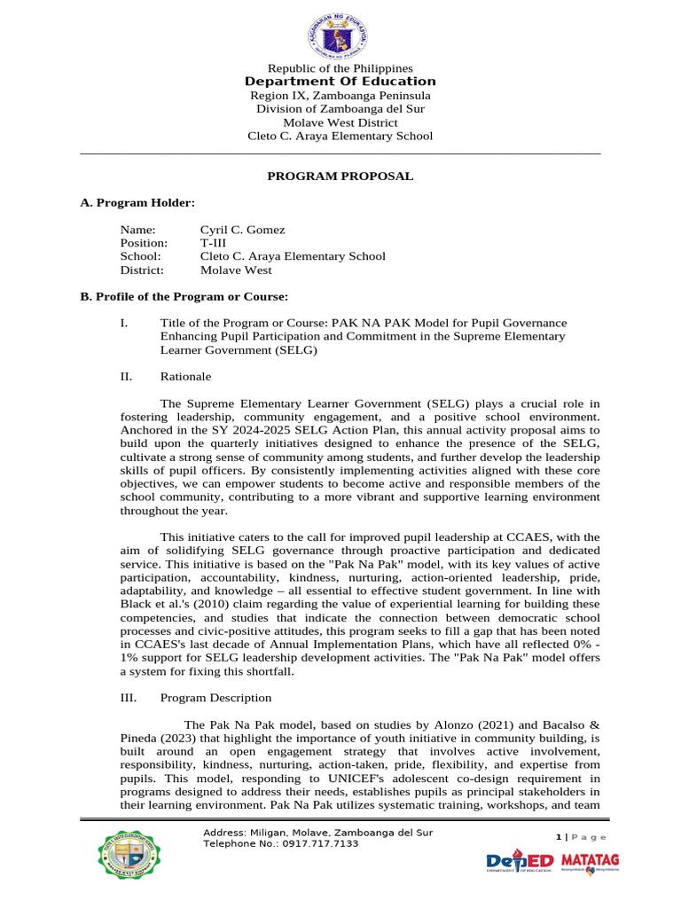Activity Proposal For SELG SY 2024-2025 | PDF | Mentorship | Leadership