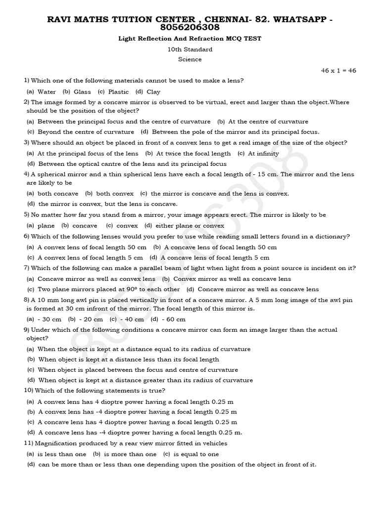 Class 10 MCQs on Light Reflection | PDF | Mirror | Optics
