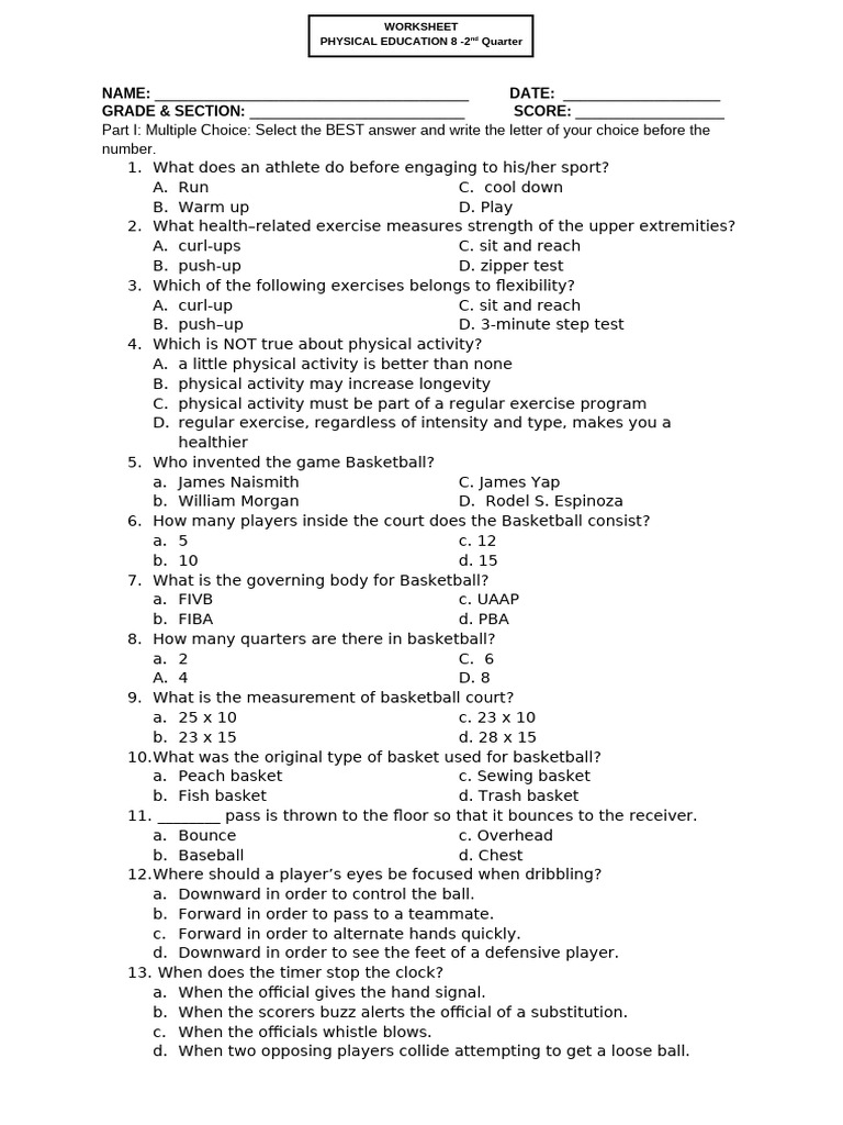 Worksheet Pe Grade 8 2ndquarter | PDF | Basketball Positions | Sports