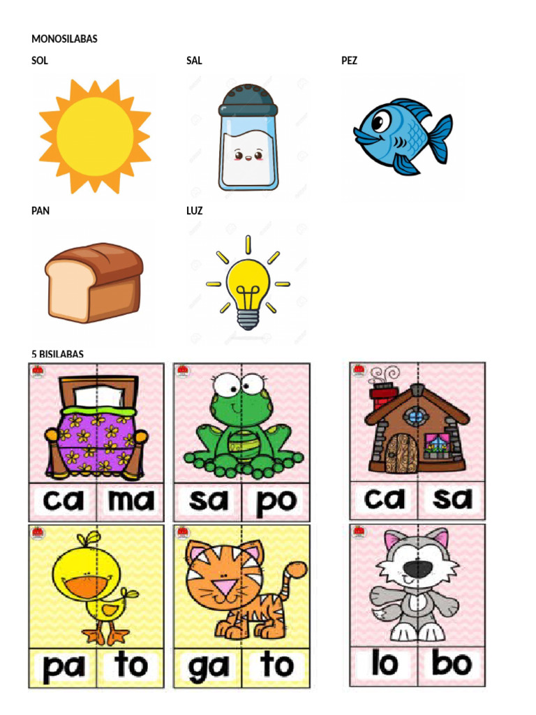MONOSILABAS Y SILABAS Y TRISILABAS ILUSTRADOS EN IMAGEN | PDF