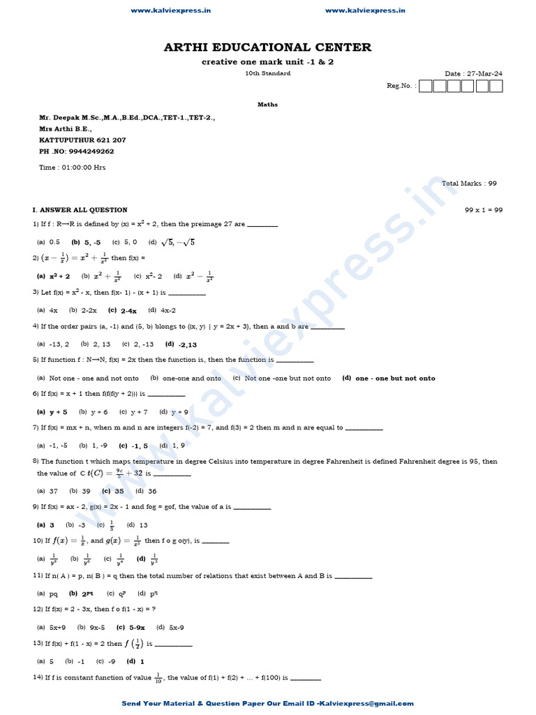 10Th Maths EM Creative One Mark - UNIT 1&2 - Kalviexpress | PDF | Function (Mathematics ...