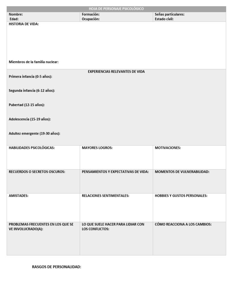 Hoja de Personaje Psicológico Detallada | PDF