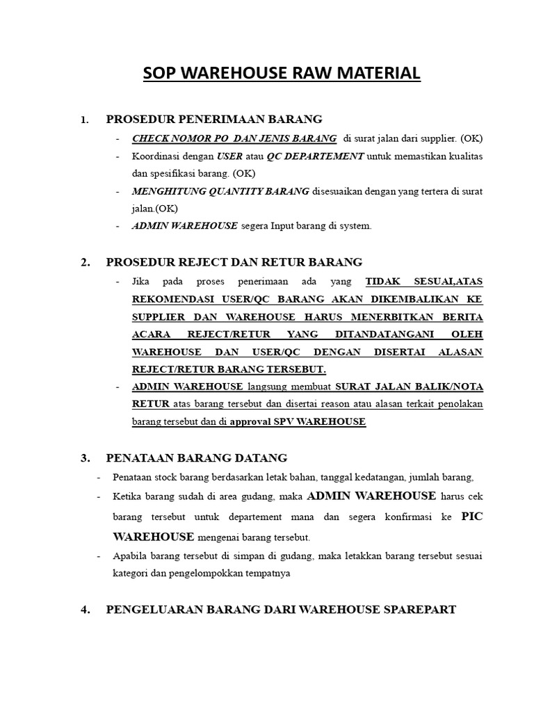 Sop Warehouse RM | PDF