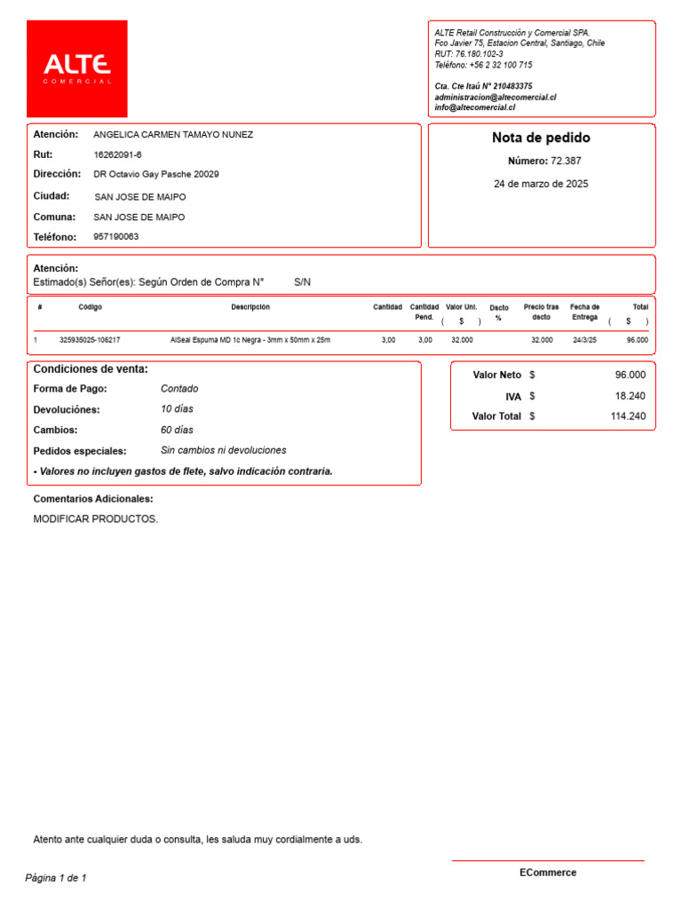 Factura de Compra ALTE Retail SPA | PDF