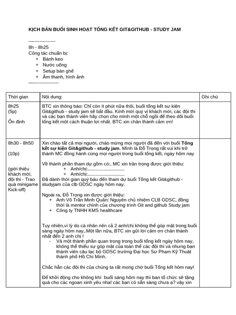 Bản sao của KỊCH BẢN BUỔI SINH HOẠT TỔNG KẾT GIT&GITHUB - STUDY JAM | PDF