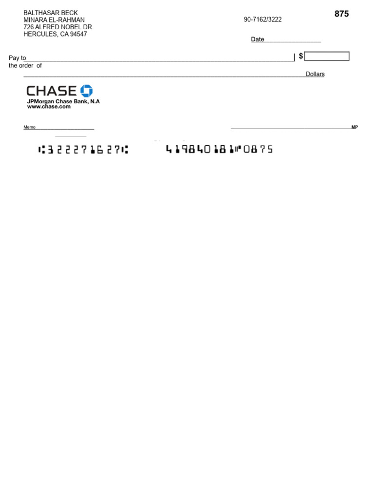 Chase Bank Check Template 90-7162/3222 | PDF