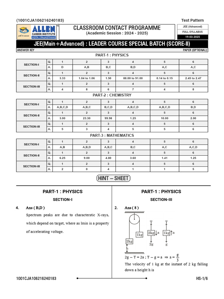 1903 Leader Special Batch (Score-II) Answerkey & Solution | PDF | Chemistry