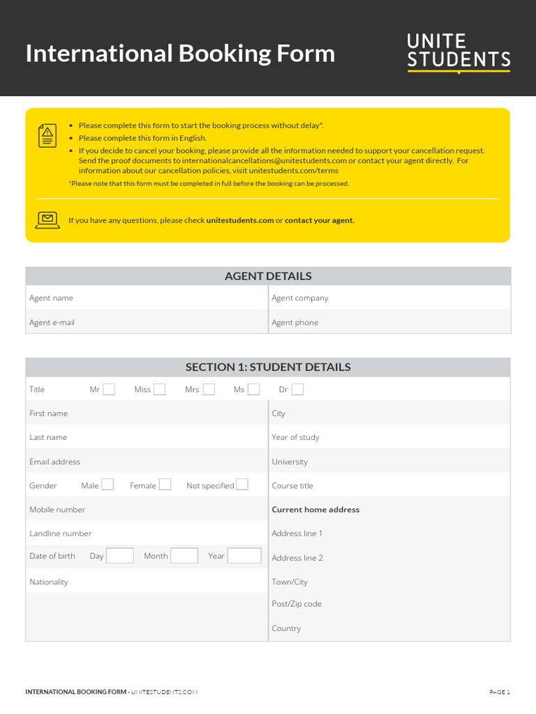 Unite Students International Booking Form | PDF | Payments | Banks