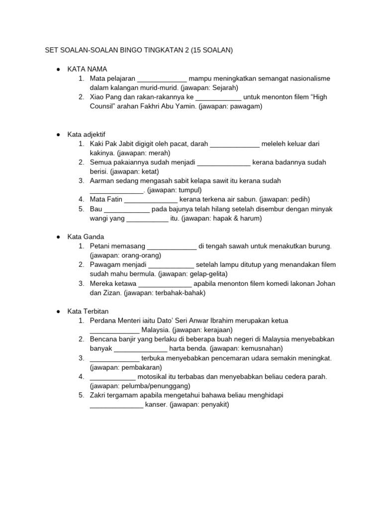 Set Soalan-Soalan Bingo Tingkatan 2 (15 Soalan) | PDF