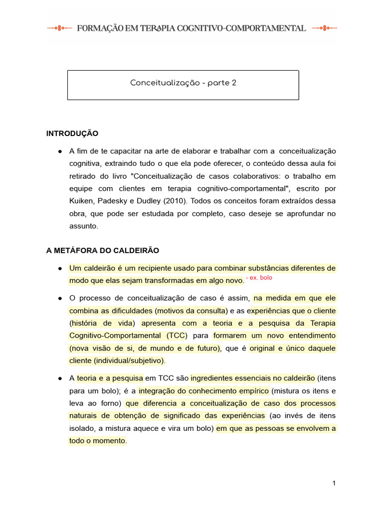 Aula 2 - Modelo de Conceitualização Christine Padesky | PDF | Terapia ...
