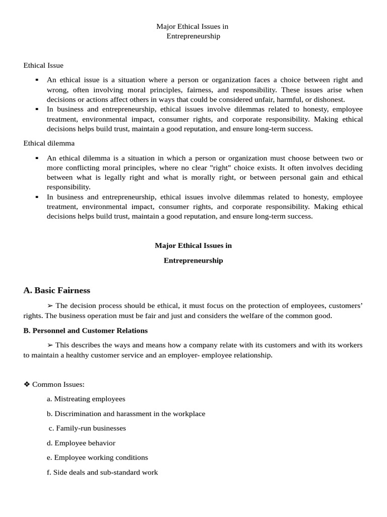 Major Ethical Issues in Entreprenuership | PDF | Employment | Corporate ...