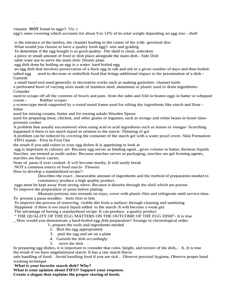 Cookery 3rd Quarter Review Sheet | PDF | Pasta | Starch
