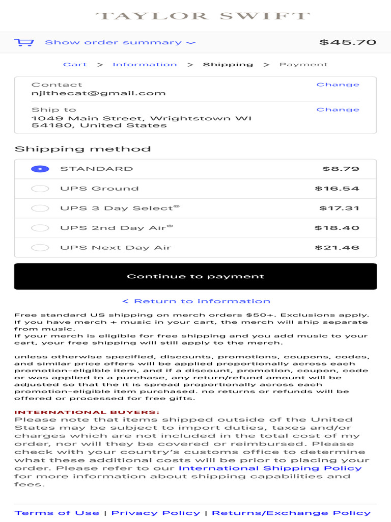 Shipping - Taylor Swift Official Store - Checkout | PDF