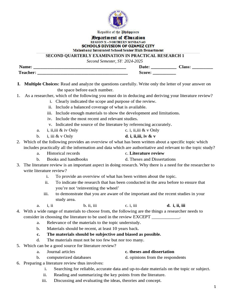 Practical Research 1 Exam: Q2 2024-2025 | PDF | Citation | Ethnography