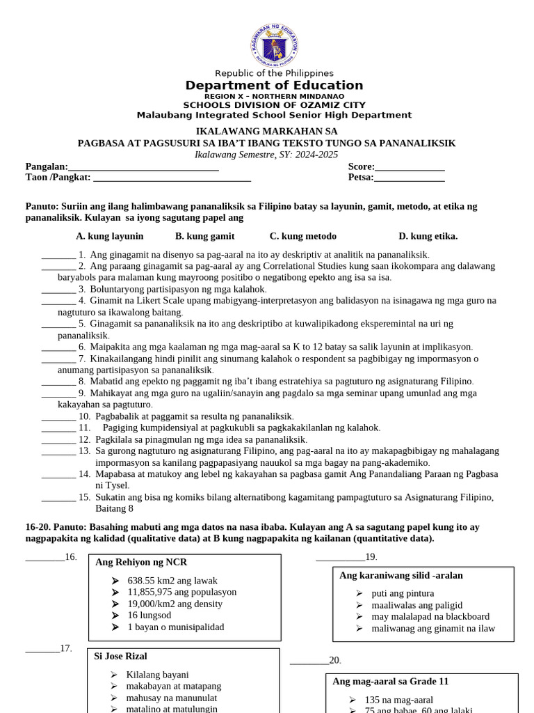 EXAM IN PAGBASA AT PAGSUSURI | PDF