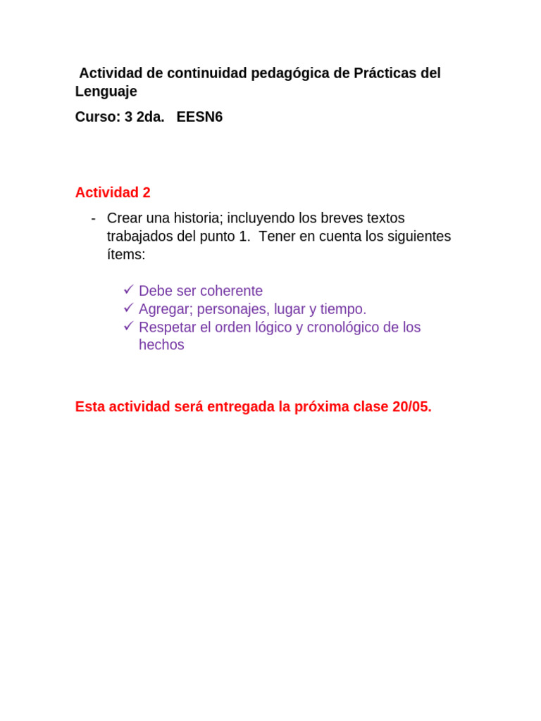 Actividad de Continuidad Pedagógica de Prácticas Del Lenguaje 3 Da Ees6 | PDF