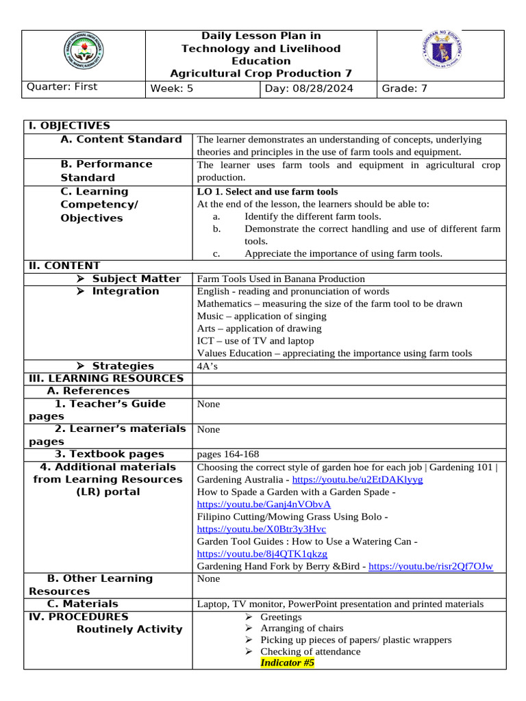 Farm Tools in Agricultural Education | PDF | Learning | Lesson Plan