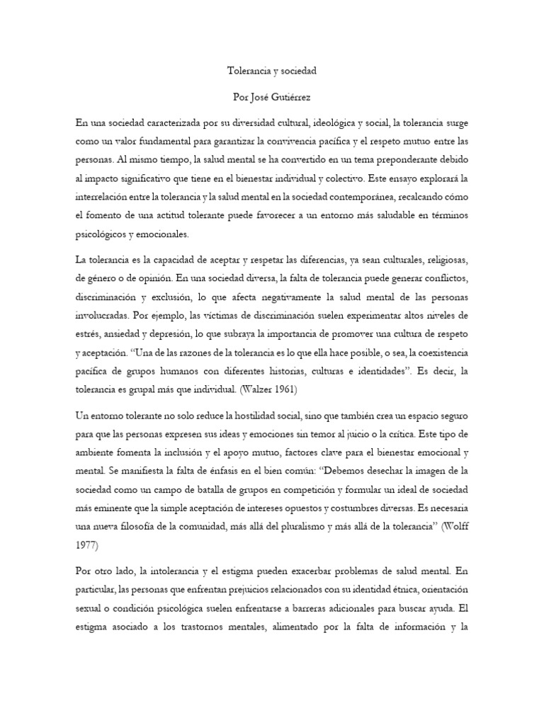Tolerancia y Sociedad - Ensayo José Gutiérrez | PDF | Tolerancia | Salud mental
