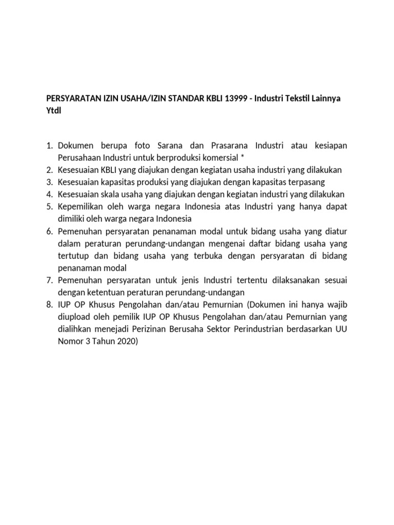 Persyaratan Izin Usaha Kbli | PDF
