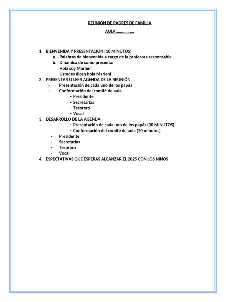 REUNIÓN DE PADRES DE FAMILIA | PDF | Educación de la primera infancia ...