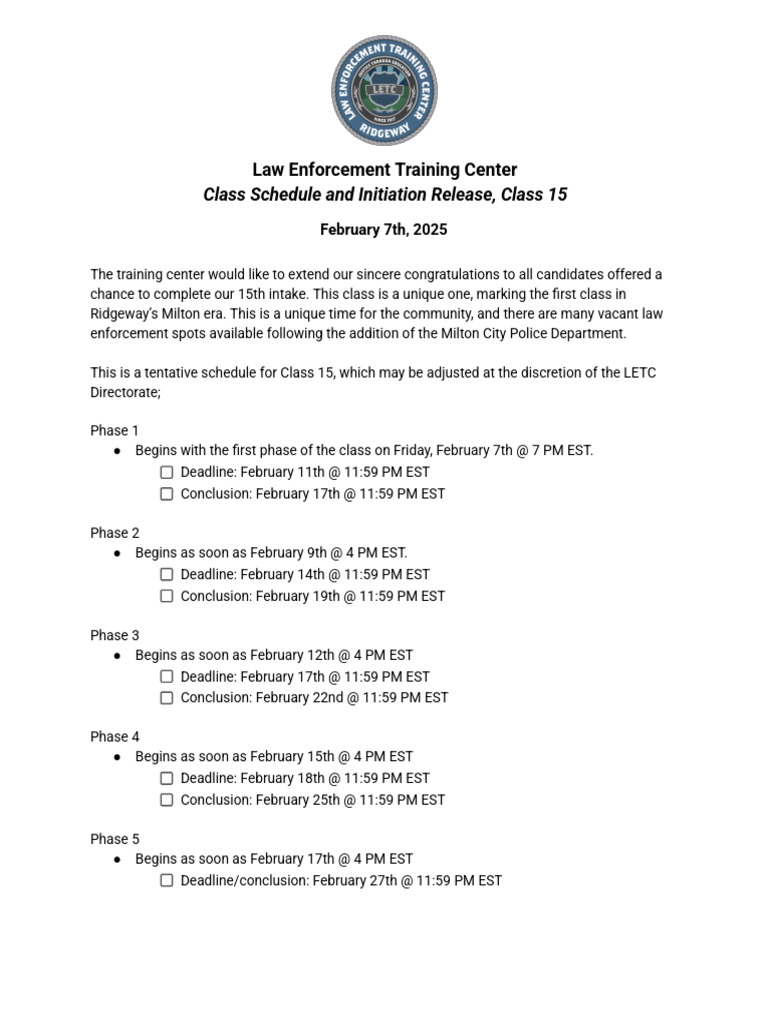 Class 15 Schedule for Law Enforcement Training | PDF