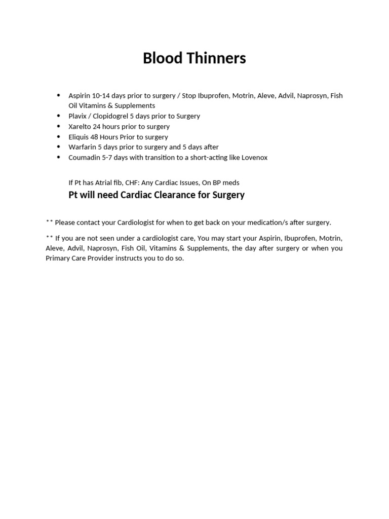 Blood Thinner Guidelines for Surgery | PDF