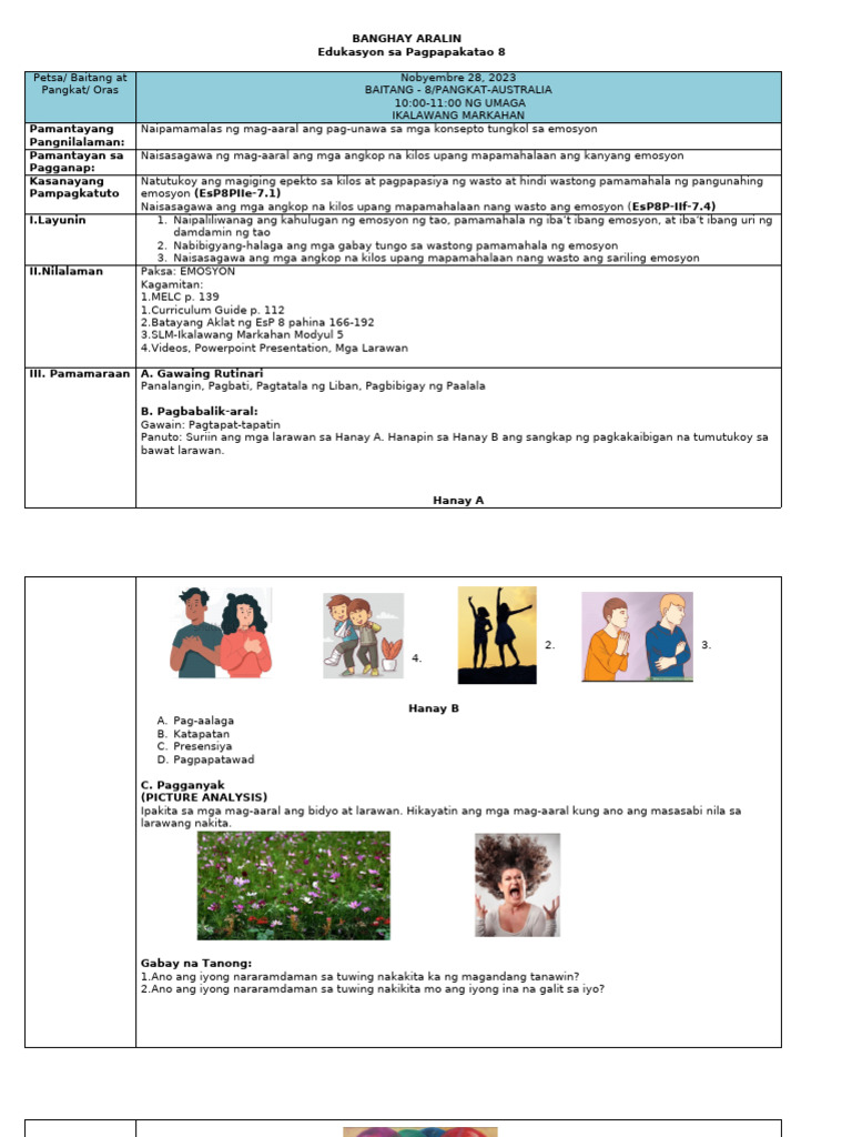 BANGHAY ARALIN-emosyon | PDF