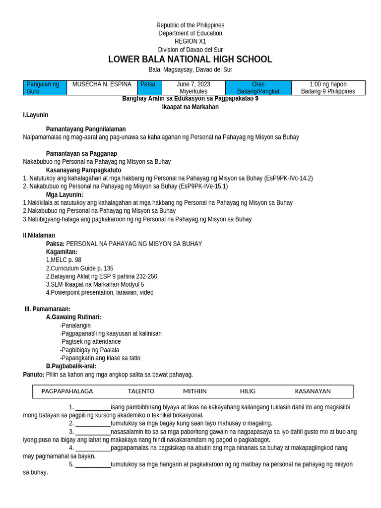 Banghay aralin-ESP 9 PERSONAL NA MISYON SA BUHAY | PDF
