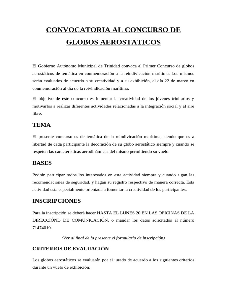 Convocatoria Al Concurso de Globos Aerostaticos | PDF