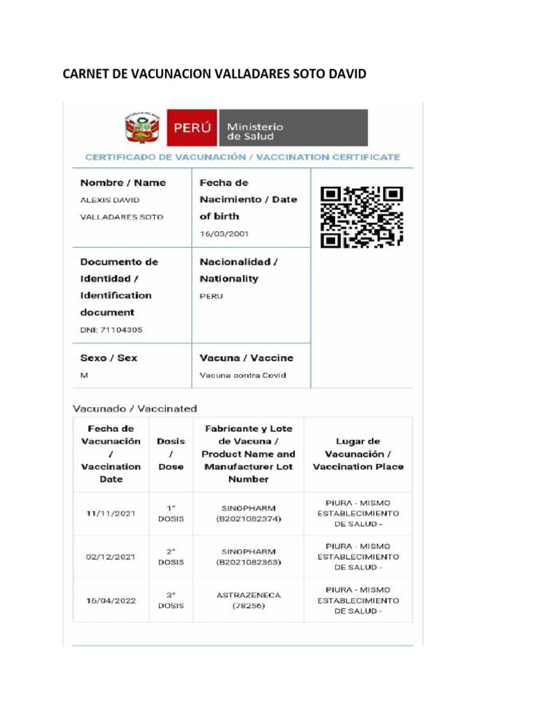 Carnet de Vacunacion Valladares Soto David | PDF