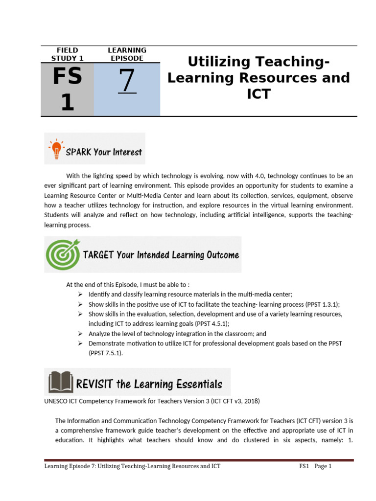 FIELD-STUDY-1-E7-Utilizing-Teaching-Learning-Resources-and-ICT (1) | PDF | Educational ...