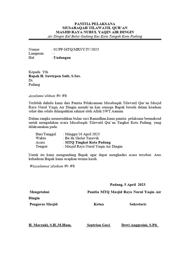 Undangan MTQ Kota Padang 2023 | PDF