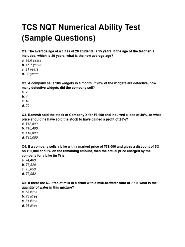 Tcs NQT Numerical Ability Sample Questions | PDF