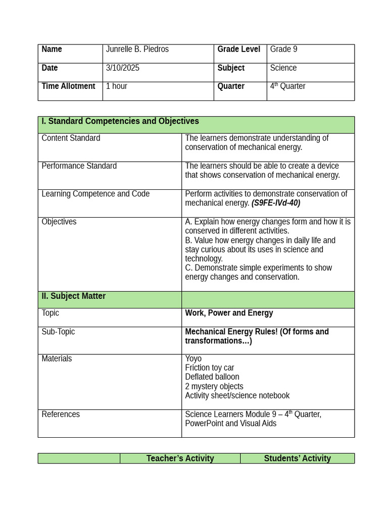 Grade 9 - 7es Lesson Plan Final | PDF | Kinetic Energy | Potential Energy