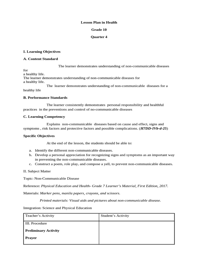 Grade 10 Lesson Plan: Non-Communicable Diseases | PDF | Heart | Allergy