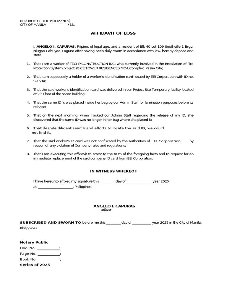 Affidavit of Loss ANGELO CAPURAS | PDF